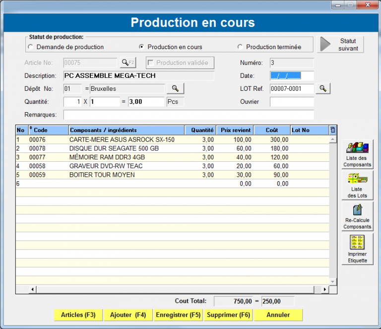 Module – gestion des production – MEGAWIN